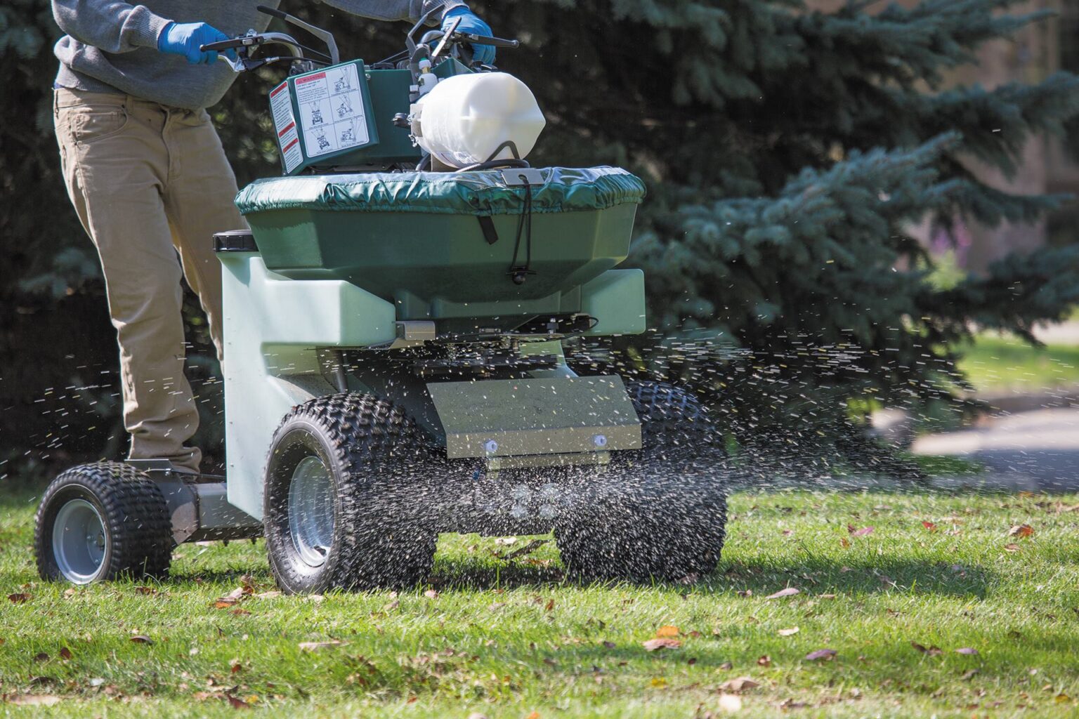 The PermaGreen Ride On Spreader Sprayer has a Patented...