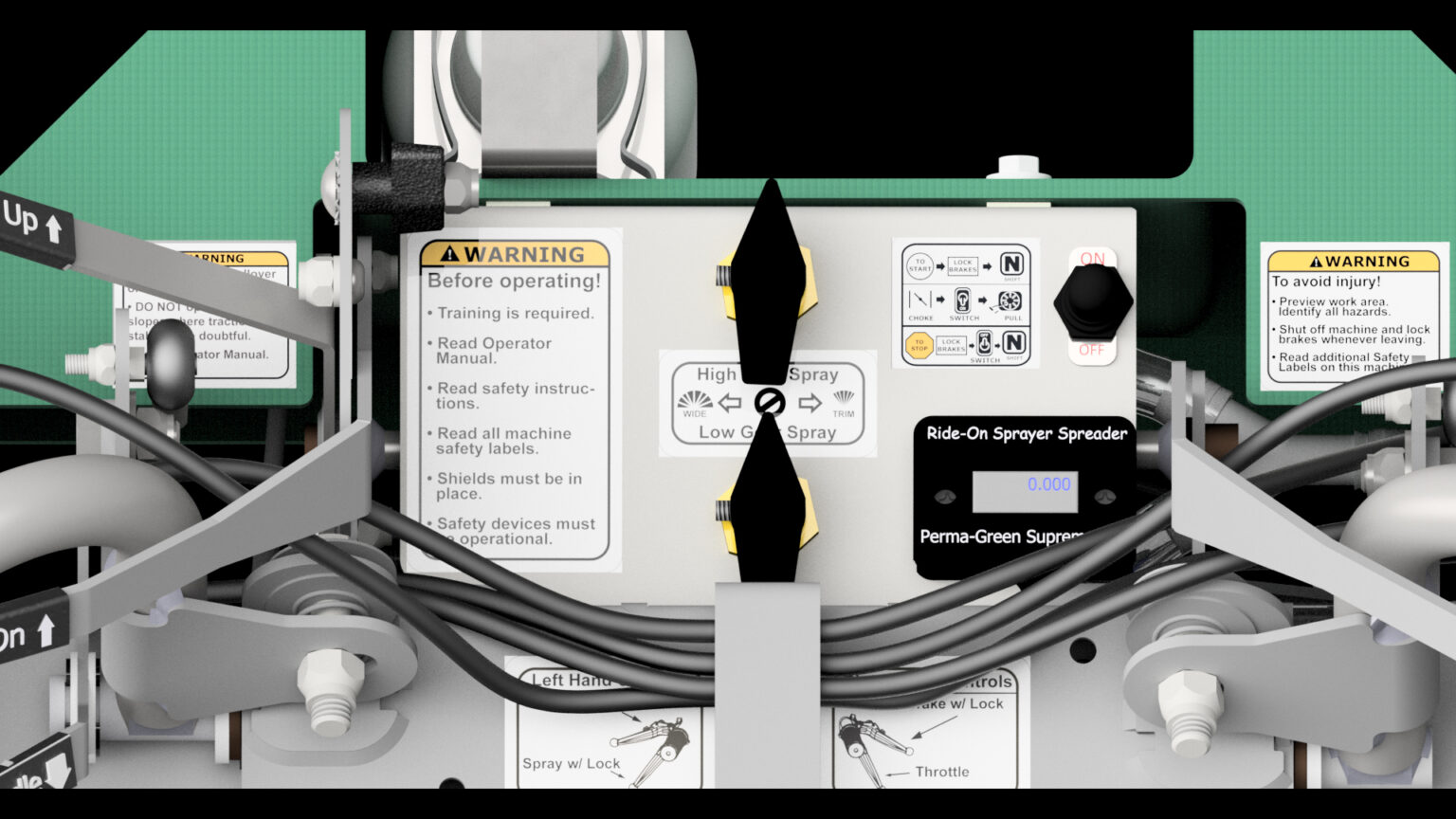 The PermaGreen Ride On Spreader Sprayer has a Patented...